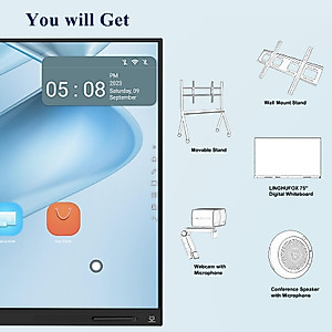 LINGHUFOX 75" Smart Board 4K Touchscreen Interactive Whiteboard for Classroom and Office, Robust App Ecosystem for Collaboration (Included Movable Stand, Conference Camera and Conference Speakerphone)