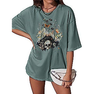 Women Oversized Skull Shirts Skeleton Floral Graphic Loose Tshirts Halloween Teen Girls Baggy Trendy Top