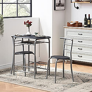 VECELO 3 Piece Small Round Dining Table Set for Kitchen Breakfast Nook, Wood Grain Tabletop with Wine Storage Rack, Save Space, 31.5", Black and Silver