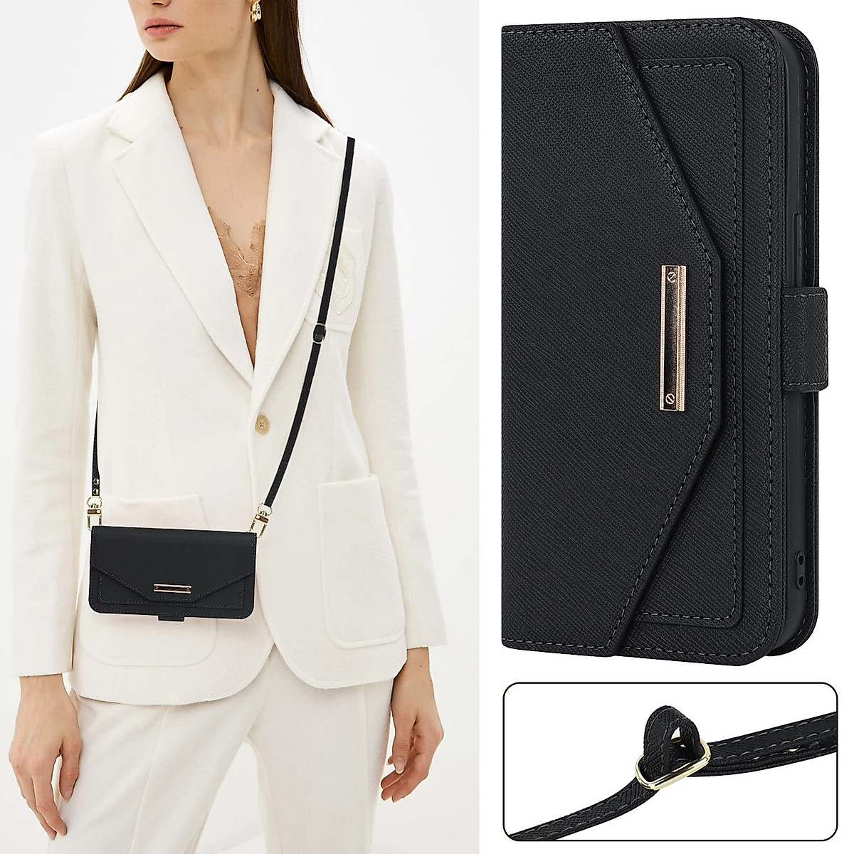 Jaorty Crossbody Wallet for iPhone 11 Pro Case with Adjustable Lanyard Strap Credit Card Holder 5.8",PU Leather Handbag Purse Kickstand Make Up Mirror Cover Case for Men Women Girl,Black