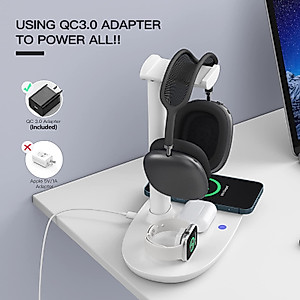 Headphone Stand with 15w Wireless Charger, Suguder 4 in 1 Charging Station Headset Holder for AirPods Max/Pro/4/3/2 iWatch 10/9/8/7/6/5/4/3/2/1/SE iPhone 16/15/14/13/12/11/X for Desktop Table Game