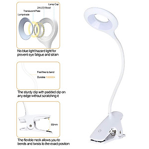 Clip-on Reading Light for Bed - Amber Book Read Light Rechargeable 5 Brightness Desk Light Clamp Lamp, Touch Control Dimmable Lamp with Flexible Neck, Gentle Night Light(White)