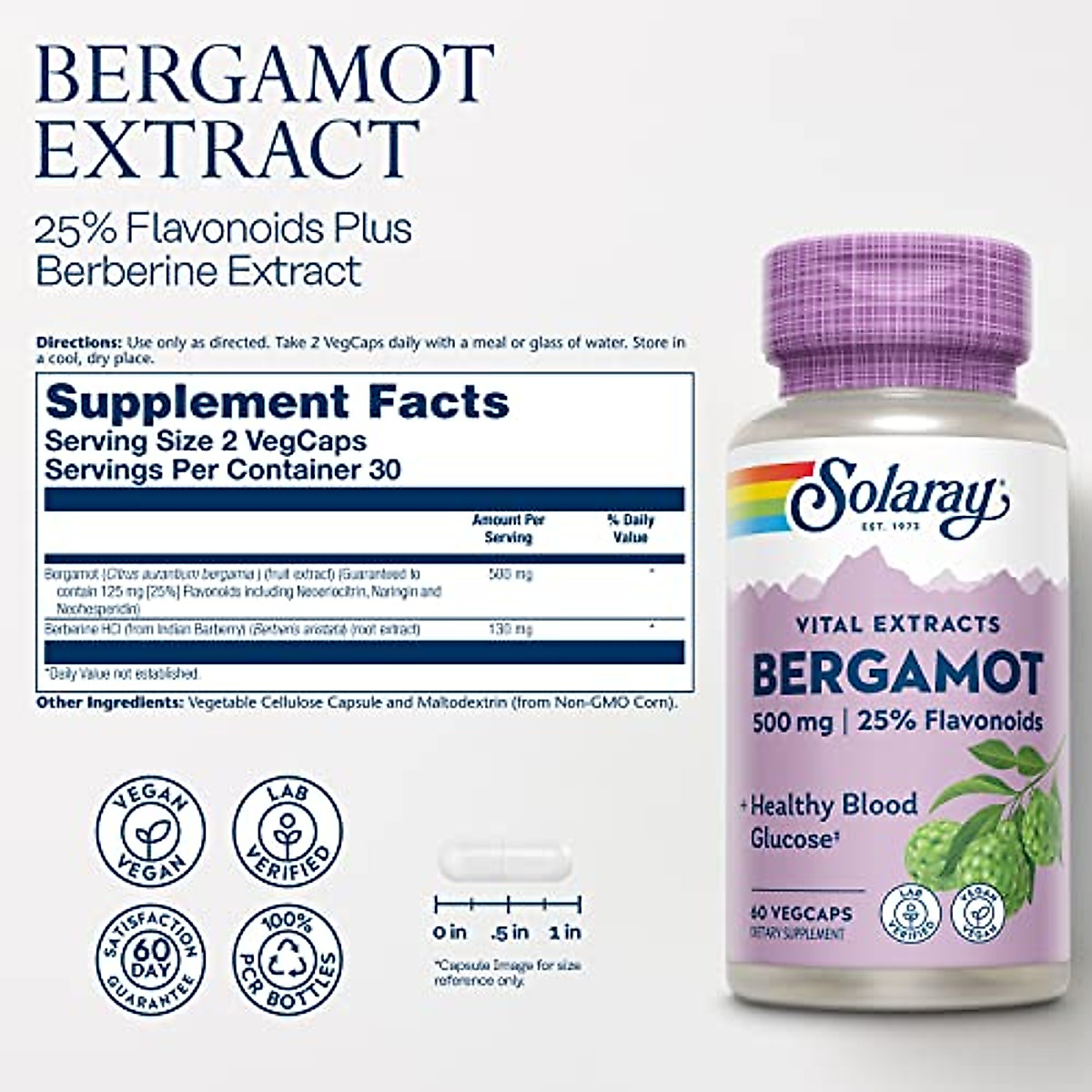 SOLARAY Vital Extracts Bergamot 500 mg, 25% Flavonoids Plus Berberine HCl Extract from Indian Barberry, AMPK Activator & Ketone Synthesis Support, Vegan, 30 Servings, 60 Vegcaps