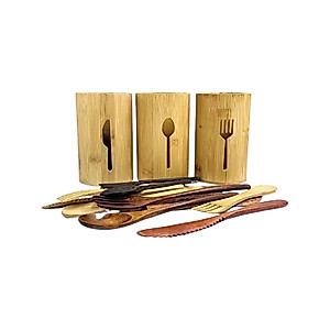 Better World Bio Bamboo Utensil Holders (Bundle of Three) with Flatware Design, Wooden Kitchen Utensil Holder For Countertop, Kitchen Utensil Caddy, Silverware Organizer, 6"x4"x4"