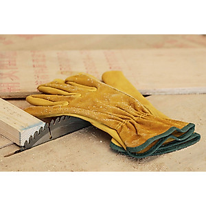 OZERO Leather Work Gloves Flex Grip Tough Cowhide Gardening Glove for Wood Cutting/Construction/Truck Driving/Garden/Yard Working for Men and Women 1 Pair (Gold,Medium)
