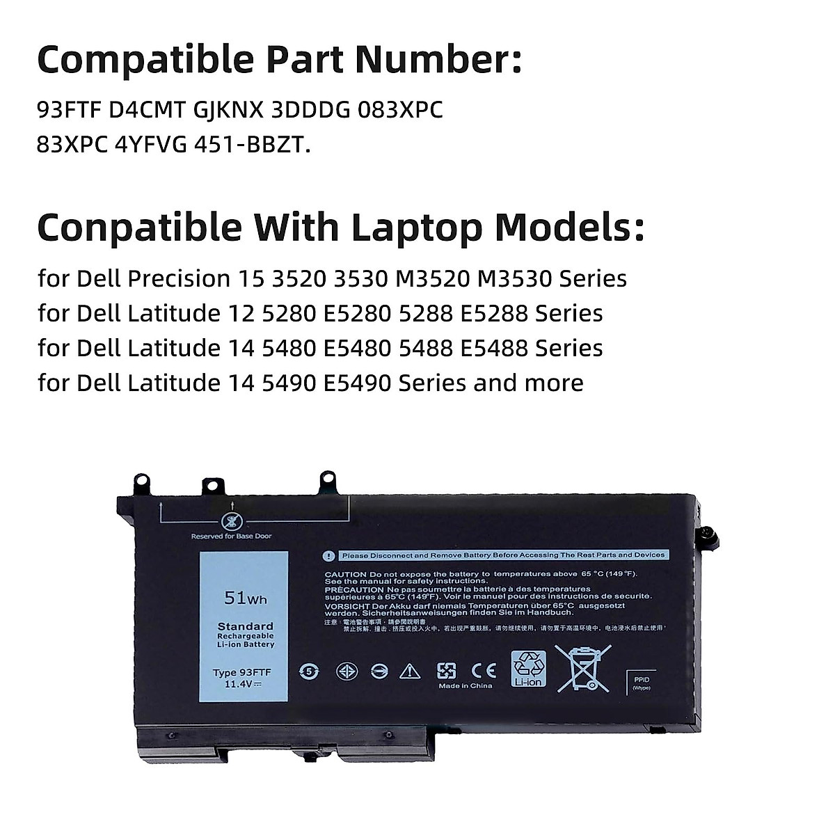 YXKC 51Wh 93FTF Battery for Dell Latitude 5580 5280 5480 5590 5490 5491 5290 5288 5488 5495 5591 E5580 E5480 E5280 E5590 E5490 E5290 E5591 E5491 Precision 15 3520 3530D4CMT 4YFVG 83XPC 451-BBZT 11.4V
