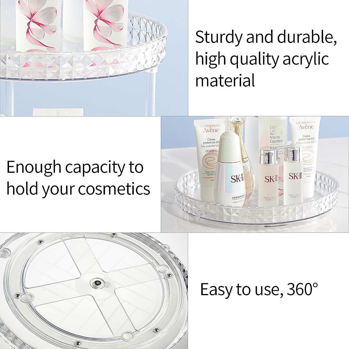 KSDSOAM 3 Tier 360 Rotating Makeup Organizer and Storage,Skincare Organizers Cosmetic Display Case Perfume Holder Rotating Tray Storage Carousel for Vanity Bathroom Organizer Countertop（Clear）