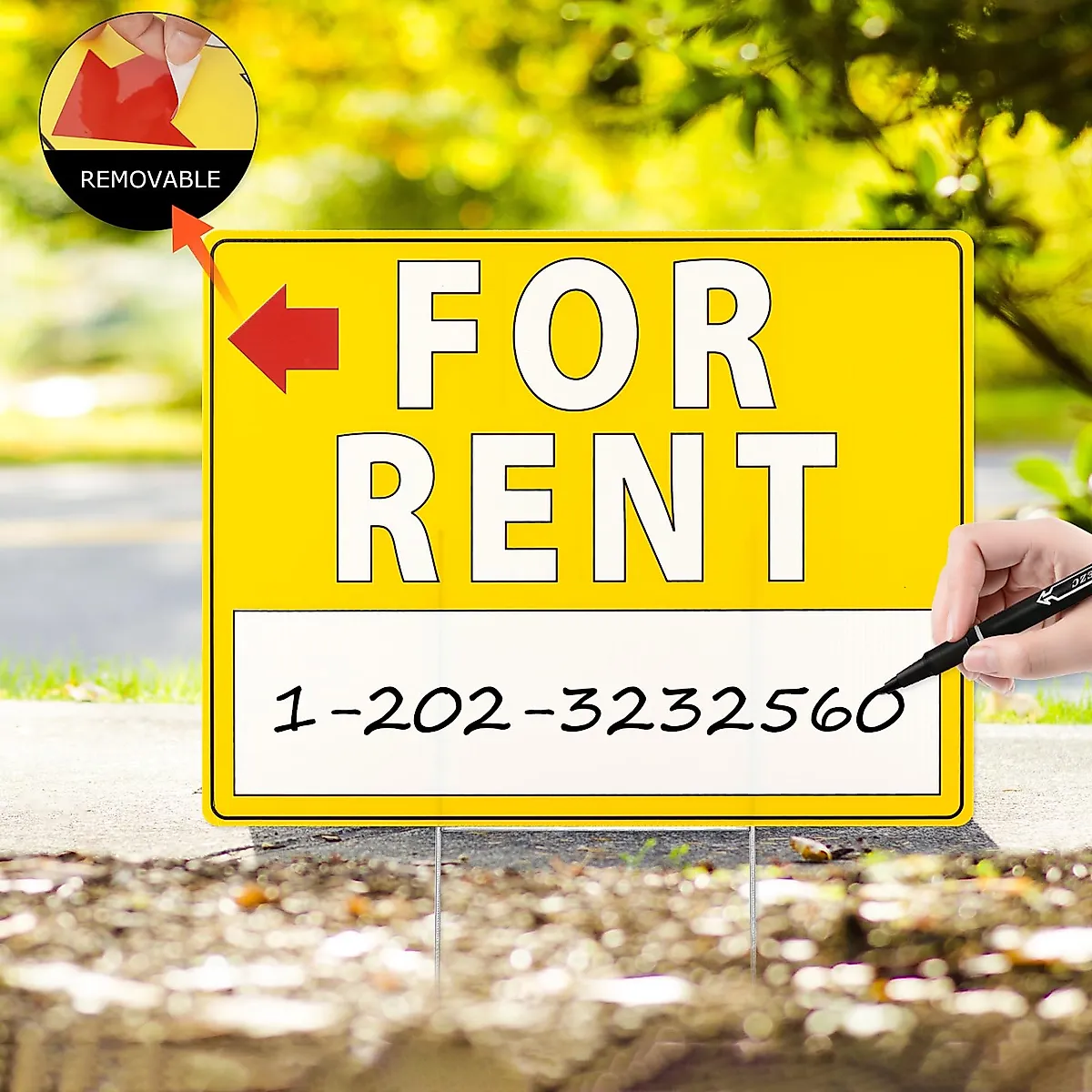 For Rent Sign with Stand Yellow 18" x 14" Double-Sided Corrugated Plastic Yards Signs with Arrow Stickers Metal Stakes for Outdoor Business House Real Estate 3 Pack