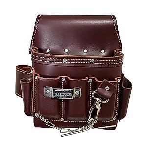 6 Pocket Leather Electrician Tool Pouch | Electricial Tool Organizer with Tape Holder, Tape Chain & Snap Hook (Rustic Red)