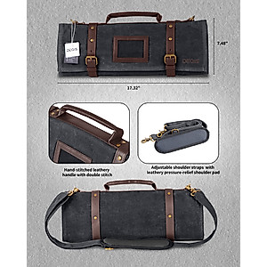 DEQIS Knife Roll Chef Waxed Canvas Bag Storage 13 Slots and 1 Large Zipper Pocket Carry Shoulder Strap Handle and Name Card Professional Folding Cooking Tools Case Organizer,Knives Not Included,Black