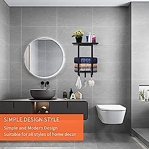 Towel Racks for Bathroom, Towel Rack Wall Mounted with Wood Shelf & 3 Hooks, Metal Towel Holders with Wooden Shelf for Bathroom Storage Organizer and Decor - Black