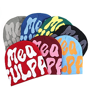 Cleveinuan TaowaveWomen Beanie Y2k Hat,MEA Culpa Graphic Beanies Designs,Winter Hat Knit Skull Cap for Women Black White