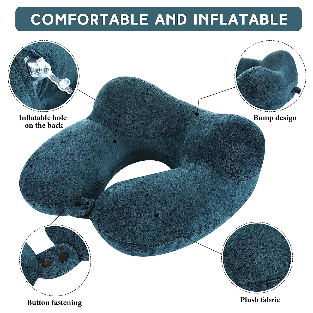 Sintuff 2 Pack Inflatable Travel Pillow for Airplanes Inflatable Neck Flight Pillows with Compact Bag and Blindfold for Traveling, Airplane, Train, Car, Office(Peacock Green and Black)