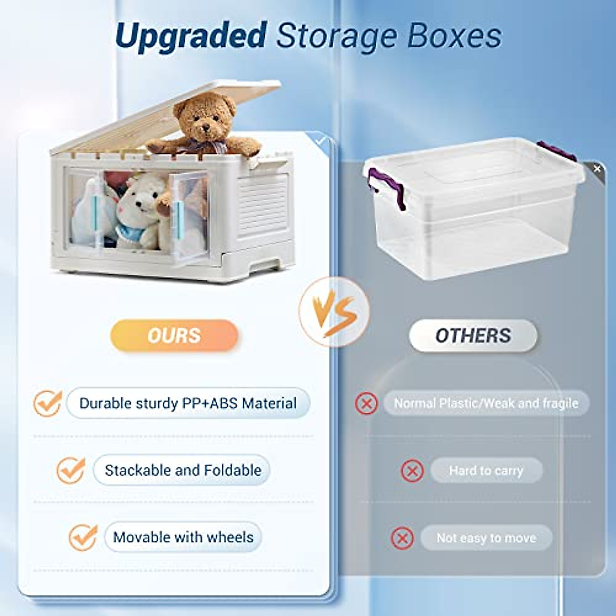 ELUCHANG Collapsible Storage Bins with Lids, Storage Bins 47Qt. Foldable Stackable Storage Box for Organization with 2 doors, 4 Wheels& Secure Buckle(Double Doors, 47Qt.)