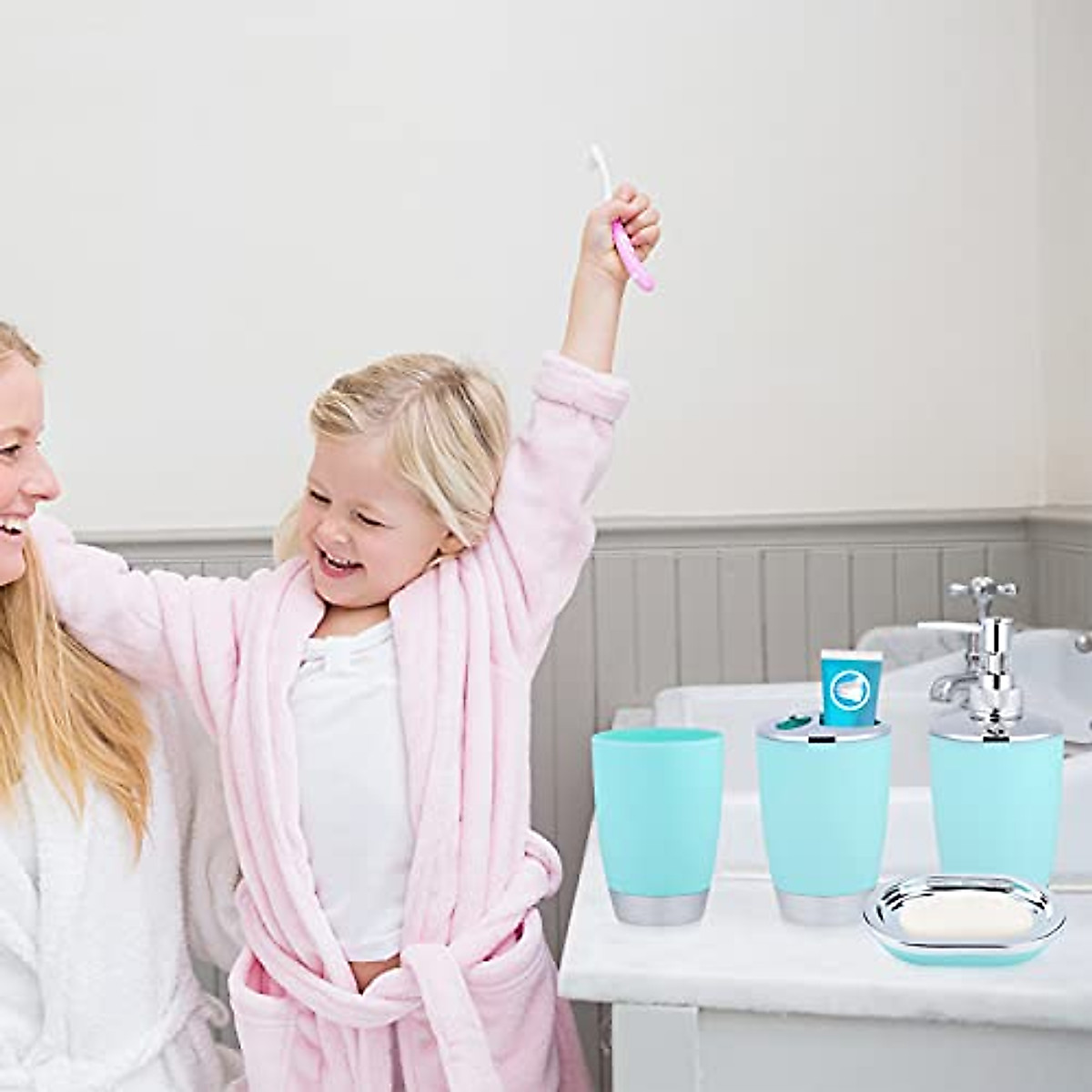 Zerone 6pcs Bathroom Accessory Set, Plastic Sink Accessory Set Includes Toothbrush Holder Toothbrush Cup Soap Dish Toilet Brush Holder Waste Bin Tumbler Straw Set