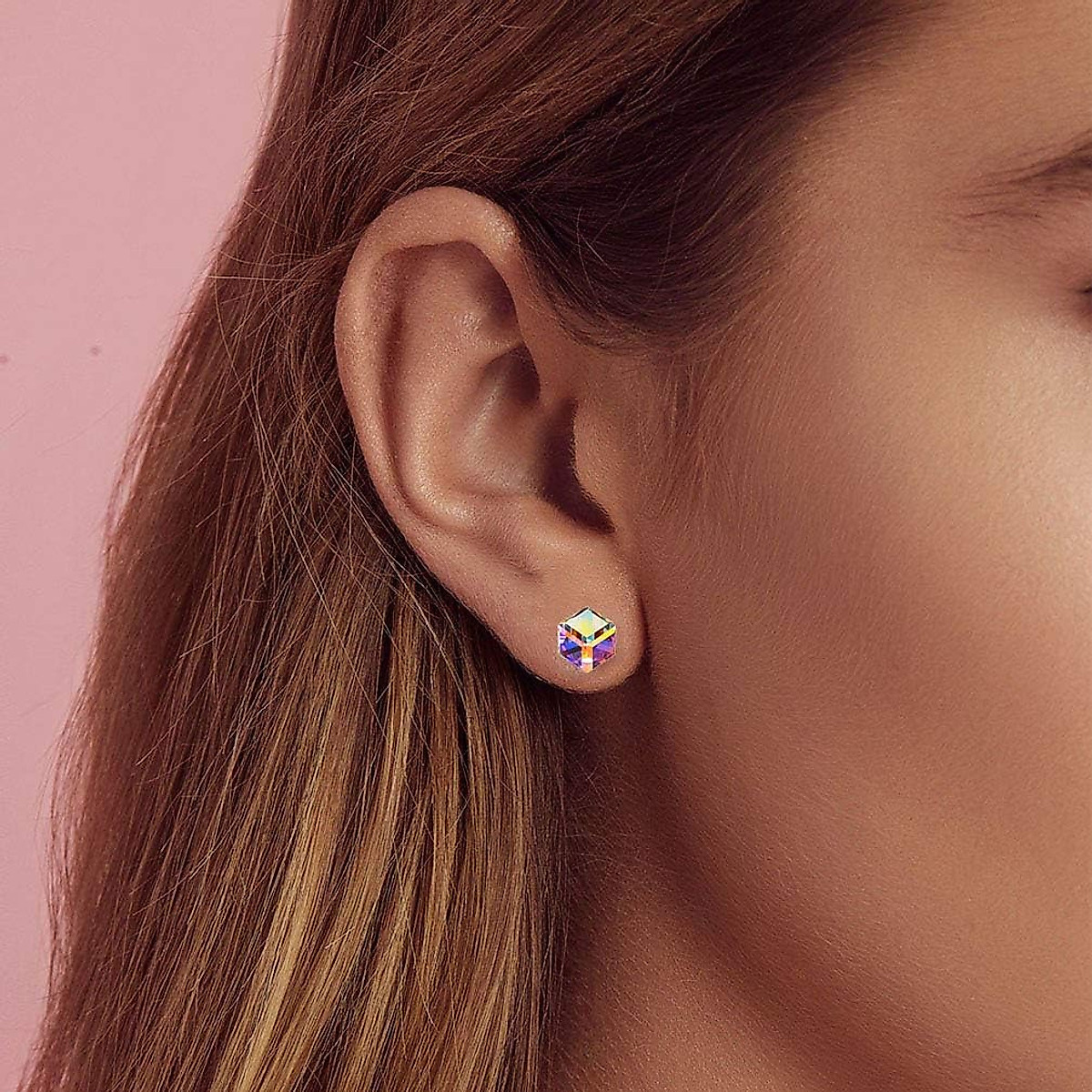 Cube Austrian Crystal Drop Stud Earrings for Women Fashion S925 Sterling Silver Hypoallergenic Jewelry (Rainbow)