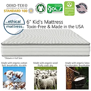 ETHICAL MATTRESS CO 6" Kid’s Mattress, Toxin-Free, Made in the USA with Organic Cotton, Wool, Latex & Pocketed Coils (Mattress-in-a-Box); perfect for bunk beds, trundles & platform beds - Twin XL size