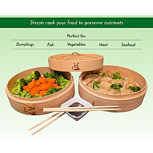 Bold Living 10 Inch Bamboo Steamer Basket, 2 Tier Natural Sustainable Food Cooker for Dumplings, Vegetables, Tamales, Seafood, Bao Buns with 2 Reusable Nonstick Liners, 2 Pair Chopsticks, 1 Sauce Dish