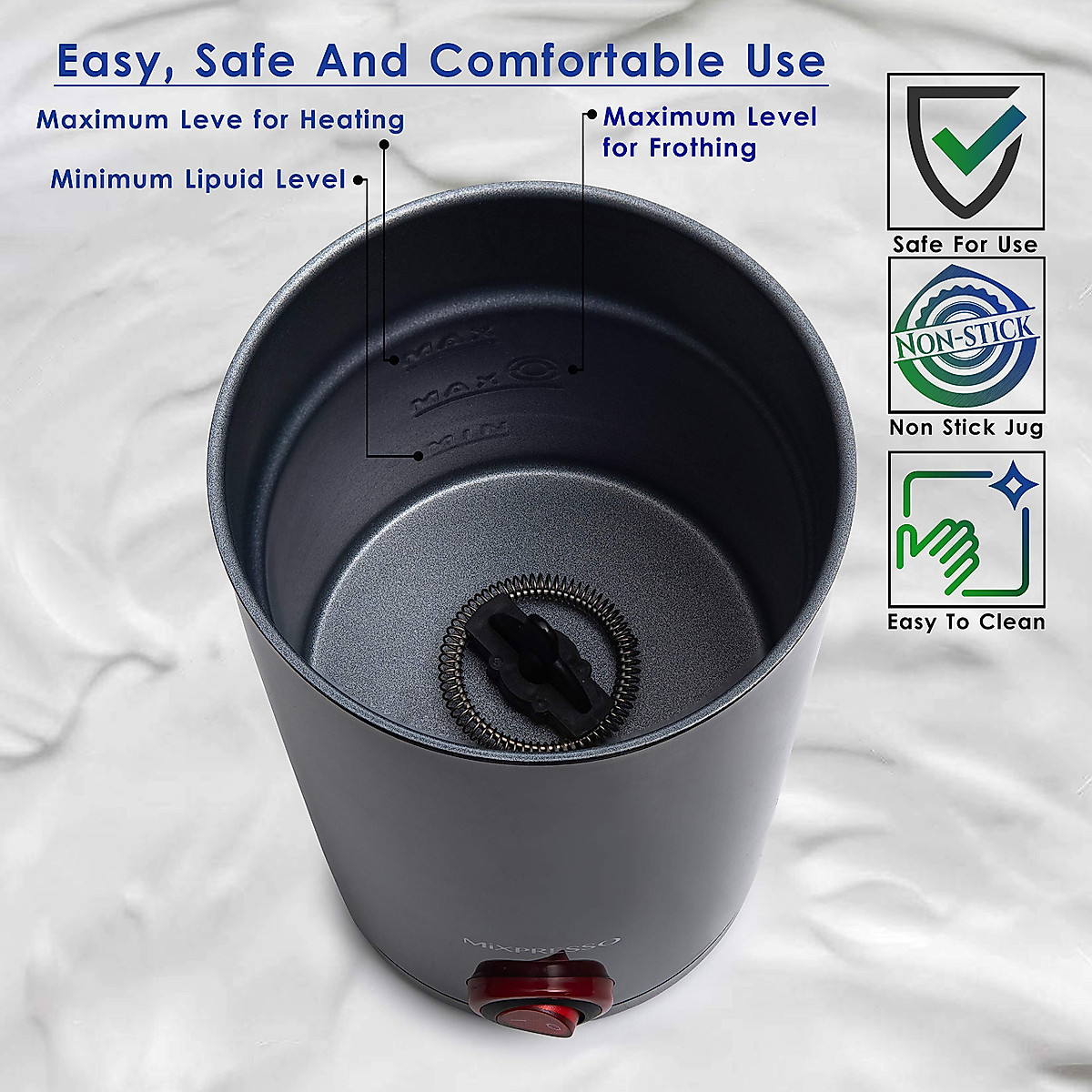 Mixpresso Electric Milk Frother, Latte Art Steamer, Electric Cappuccino Machine And Milk Warmer, Hot Foam Maker and Milk Warmer for Latte, Cappuccinos, Macchiato, Hot Chocolate Milk (Black)