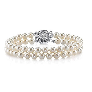 The Pearl Source Sterling Silver 6-7mm AAAA Quality Round White Double Freshwater Cultured Pearl Bracelet for Women