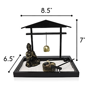 Japanese Zen Garden Kit Home Decor - Mini Zen Garden Buddha with Bell Hanging Archway Office Desk Accessories - Zen Sand Garden Desk Office Decor - 8.5" x 6.5" x 7"