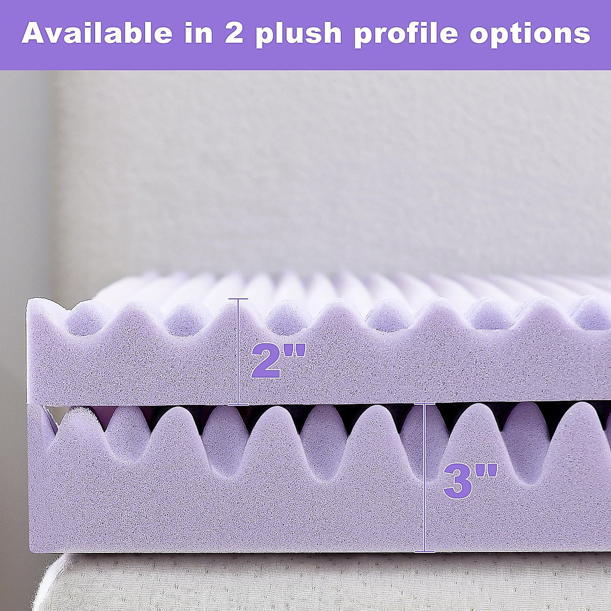 NAP&SLEEP Lavender Infused Dual-Sided Mattress Topper - Available in Twin, Full, Queen, King Sizes, 2" or 3" Thickness, Made in USA, Convoluted & Flat Foam, Compressed & Roll Packed (King, 3" Inch)