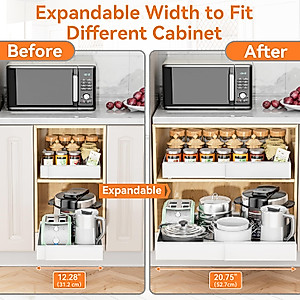 Expandable Pull Out Cabinet Organizer - Slide Out Cabinet Drawer Adhesive Kitchen Sliding Drawers with 4pcs Divider Racks for Pantry Bathroom Under Sink Home Storage, Width 12.2"-20.7"，White