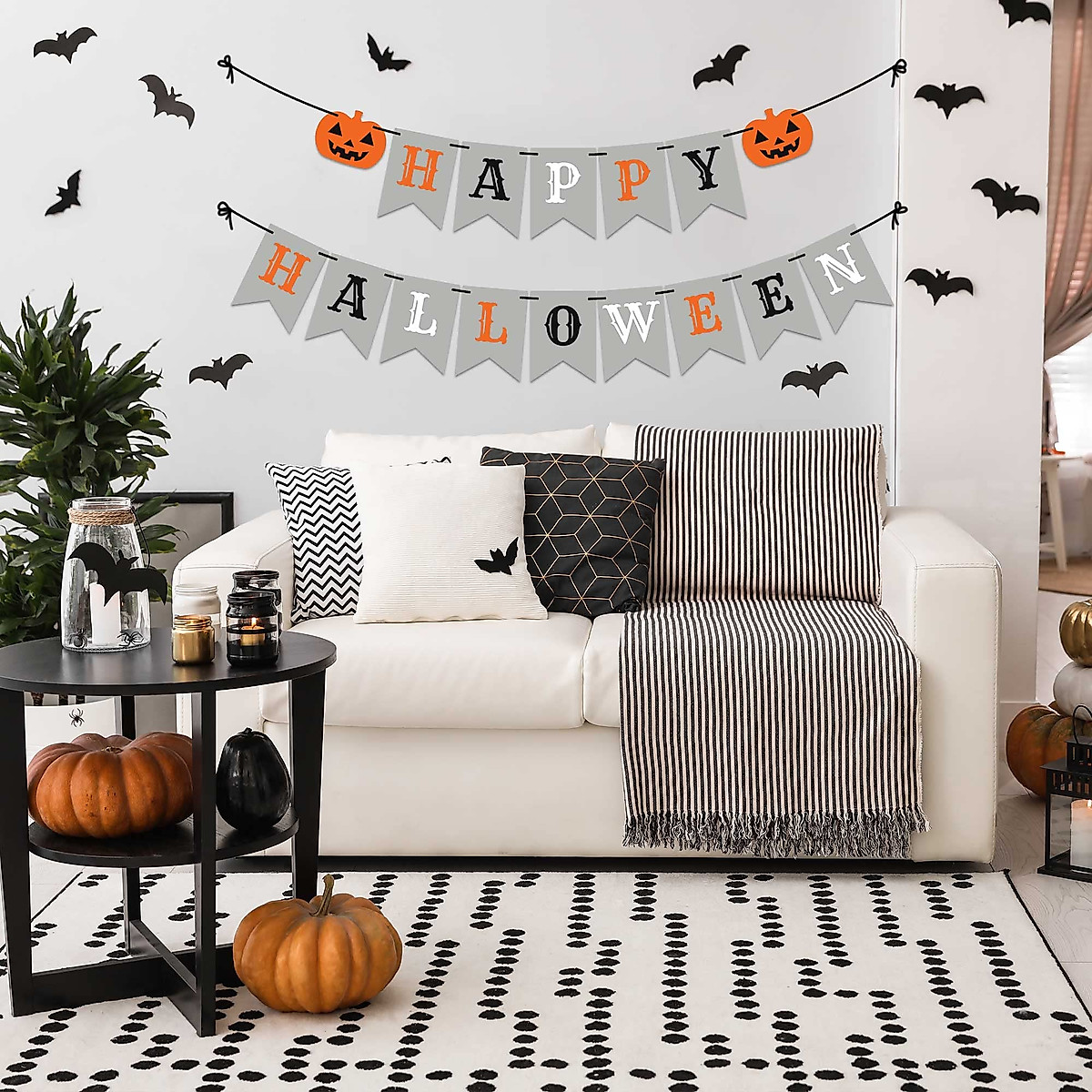 Pre-Strung Happy Halloween Banner - NO DIY - Black Glitter Halloween Banner - Pre-Strung Garland on 8 ft Strand - Pumpkin Jack O'Lantern Halloween Party Decorations & Decor. Did we mention no DIY?