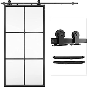 BARNSMITH 42in x 84in Frosted Glass Barn Door with 7FT Top Mounted Hardware kit Soft Close Mechanism DIY 6 Lites Tempered Glass Modern Aluminum Sliding Door Disassembled Easy Installation KDA03