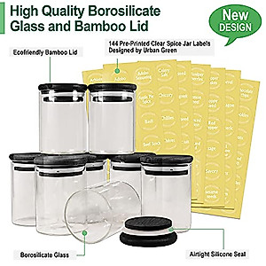 Urban Green Glass Jars with Black Lids, Glass Food Storage Canisters with airtight lids, Glass Spice Containers with Bamboo Lids, Glass Spice Jars, Glass Herb Jars, Spice Jars (12 Sets of 6oz)