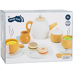 Small Foot Wooden Toys-Premium 17 Piece Toy Tea Playset- Deluxe Play Pretend Food Set includes Tea Pot, Cookies, Plates and Teacup-Ideal for Toddlers 3+