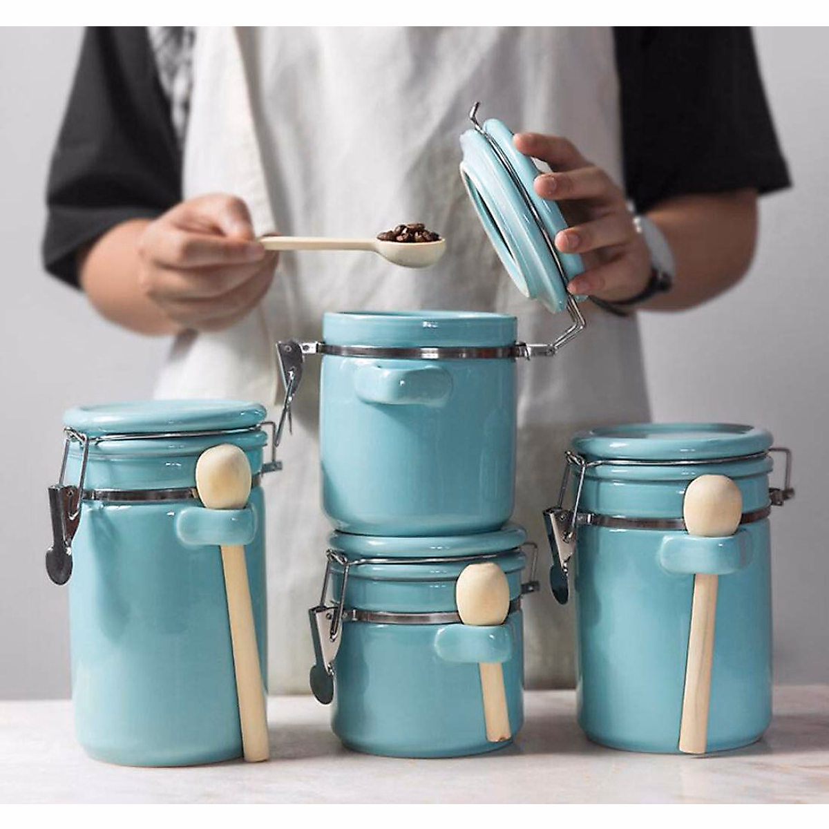 Foraineam 4-Piece Ceramic Canister Set Airtight Food Storage Container with Clamp Top Lid and Wooden Spoon