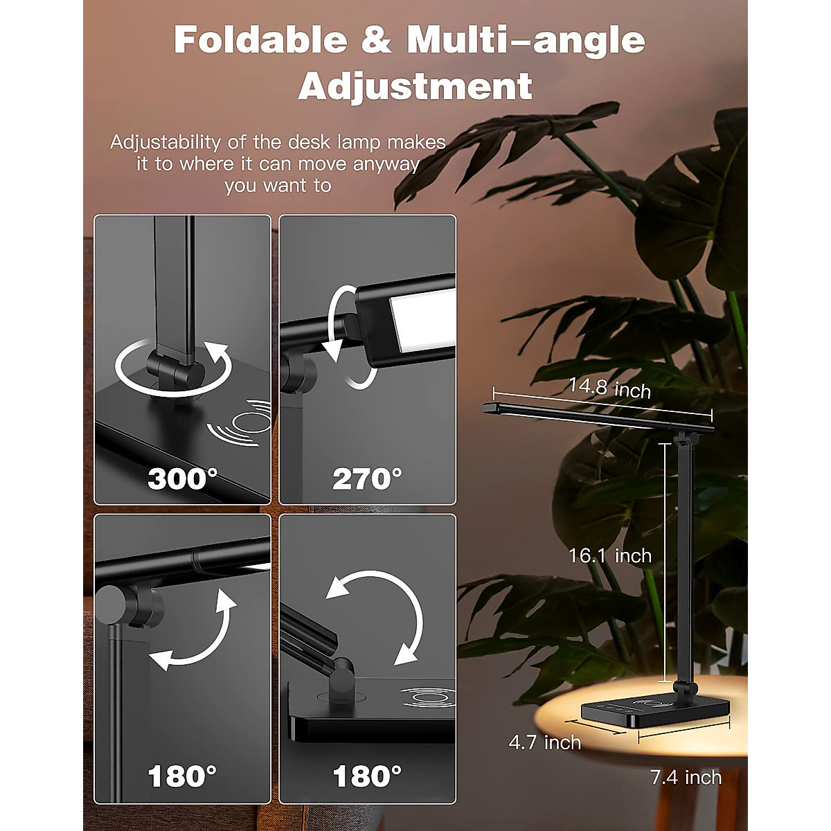 AGEARSUK LED Desk lamp, Desk Lamp with USB Charging Port for Home Office, Dimmable Desk Lamp with Wireless Charger, Eye-Caring Reading Lamps, Touch Control Study Lamps for Dorm (Adapter Included)