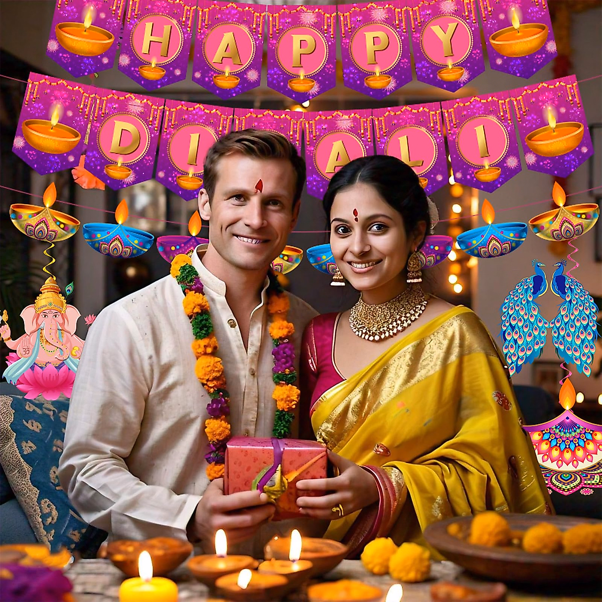 Diwali Decorations for Home, Happy Diwali Decorations includes Happy Diwali Banner and Diwali Hanging Decorations Swirls, Diwali Decorations Hanging Swirls for India Light Festival Diwali Celebration