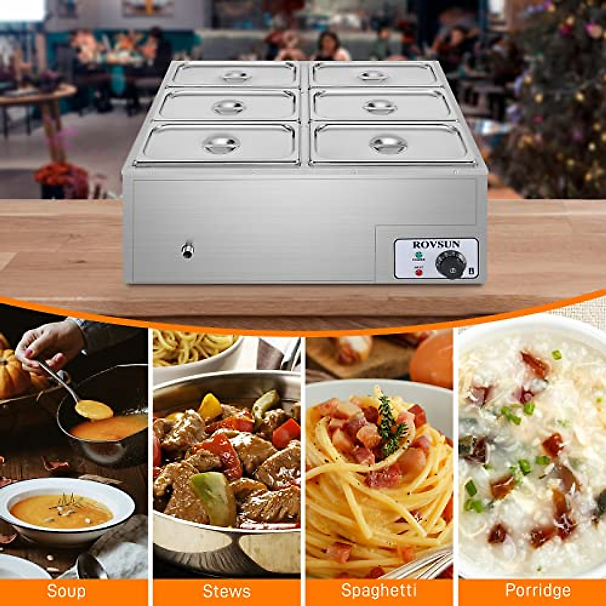 ROVSUN 42.3QT 1200W Electric Commercial Food Warmer, 6-Pan Steam Table 6.9 QT/Pan Stainless Steel Bain Marie Buffet Countertop with Temperature Control & Lid for Parties, Catering, Restaurants 110V