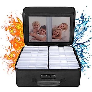 ENGPOW Fireproof Photo Storage Box with 16 Inner 4" x 6" Photo Case(Clear), Photo Box Organizer with Lock,Collapsible Portable Photo Storage Containers with Handle for Photos,Picture,Valuables