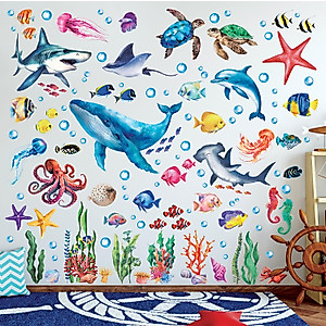 DECOWALL DS12-8078 Sea Animals Wall Stickers Decals Baby Boys Bedroom Fish décor Living Kids Nursery Ocean playroom Removable Room Seaweed Under Watercolor