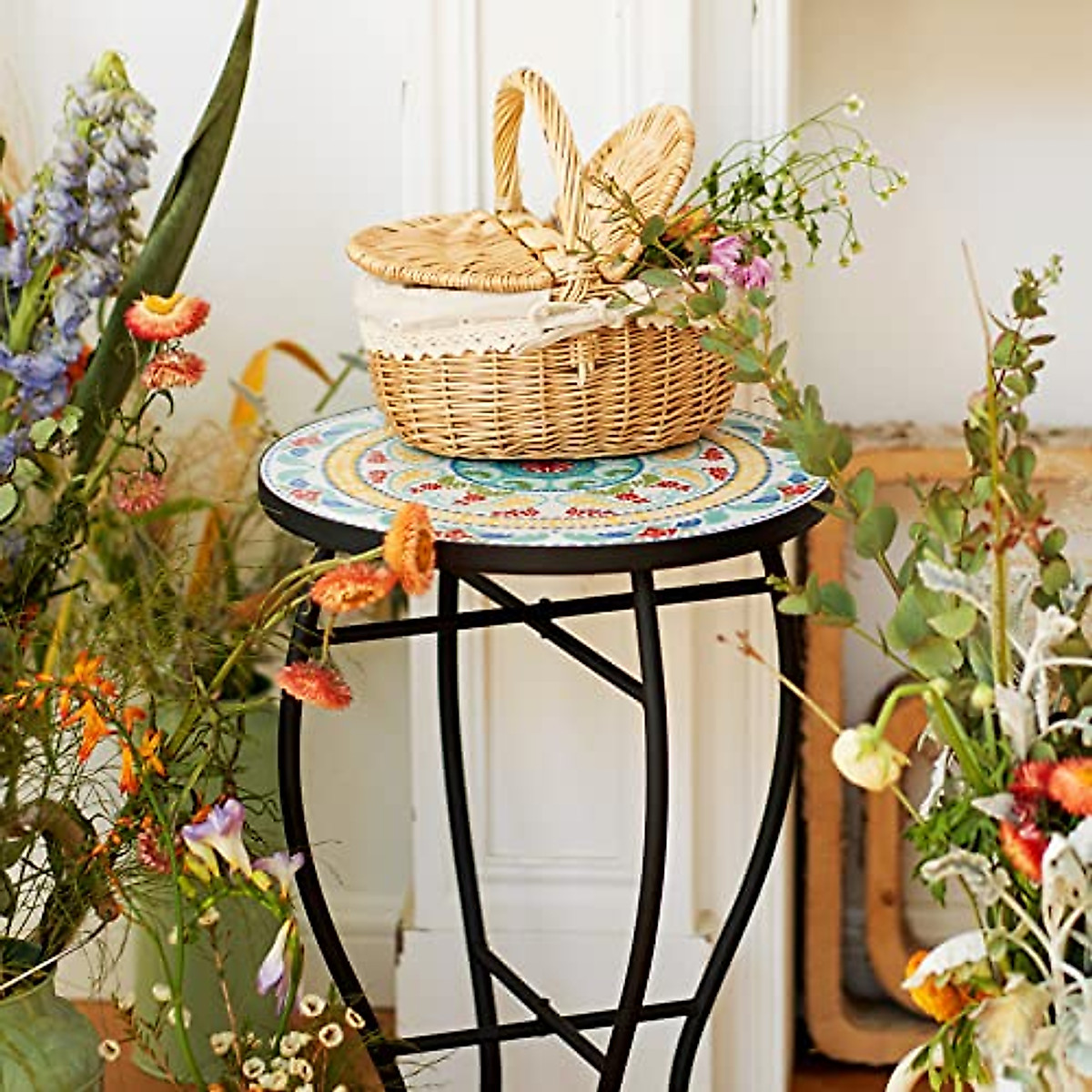 VONLUCE 21" Mosaic Plant Stand, 14 Inch Round Side Table with Ceramic Tile Top, Indoor and Outdoor Accent Table, Outdoor Patio Furniture, End Table for Garden Patio Living Room More, Floral