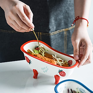 LLDAYU Creative ceramic cute bathtub bowl-10.8 ounces, suitable for ice cream, desserts, salads, fruit, pudding, strawberry patterns