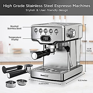 Geek Chef Espresso Machine, 20 Bar Coffee Machine, Fast Heating Automatic, Latte & Cappuccino Maker with Milk Frother Steam Wand, 1.8L Water Tank, Temperature Display, Stainless Steel