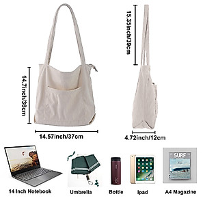 ALUWU Corduroy Tote Bag for Women Corduroy Purse with Front Pocket and Zipper Shoulder Hobo Handbags Simple Canvas Purse, Begie