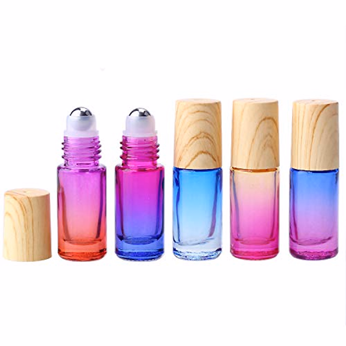 5pcs 5ml(1/6 oz) Essential Oil Roller Bottles,Metal Roller Balls Colorful Gradient Oils Roll on Bottles with Wood Grain Cap Glass Empty Refillable Fragrance Perfume Essential Oil Glass Roller Bottles