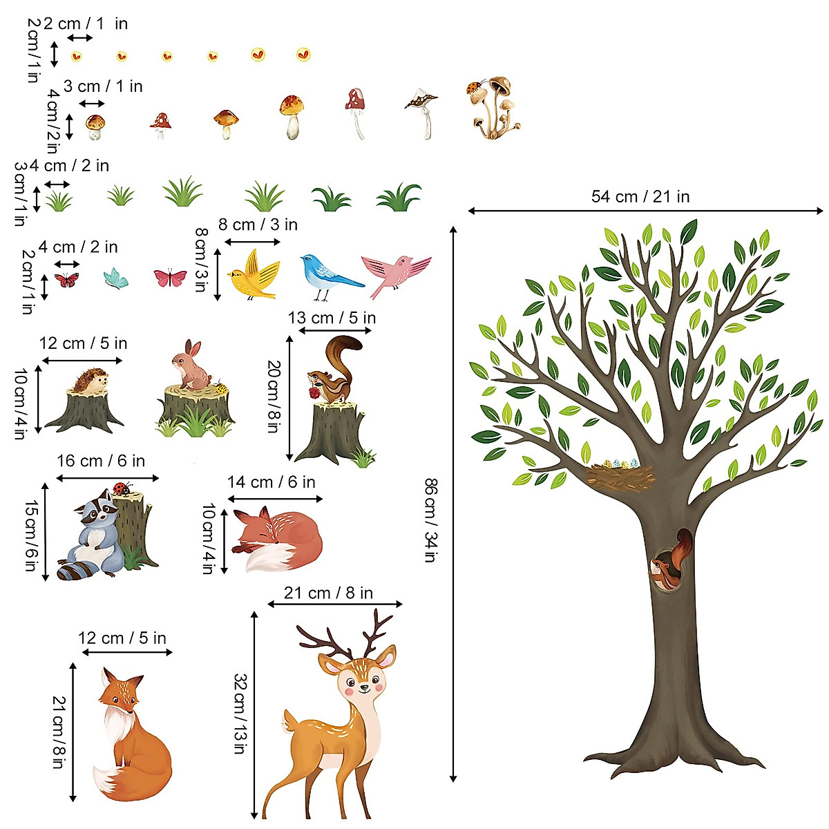 decalmile Animal Forest Tree Wall Stickers Fox Bird Deer Wall Decoration Bedroom Kids Baby Nursery