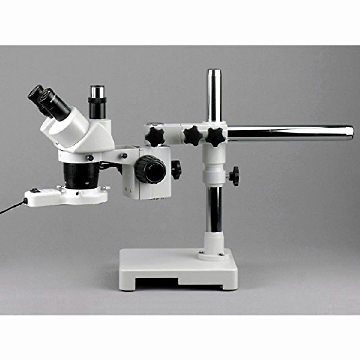 AmScope SW-3T24Y-FRL Trinocular Stereo Microscope, WH10x Eyepieces, 20X/30X/40X/60X Magnification, 2X/4X Objective, Single-Arm Boom Stand, 8W Fluorescent Ring Light, 110V-120V, Includes 1.5x Barlow Lens