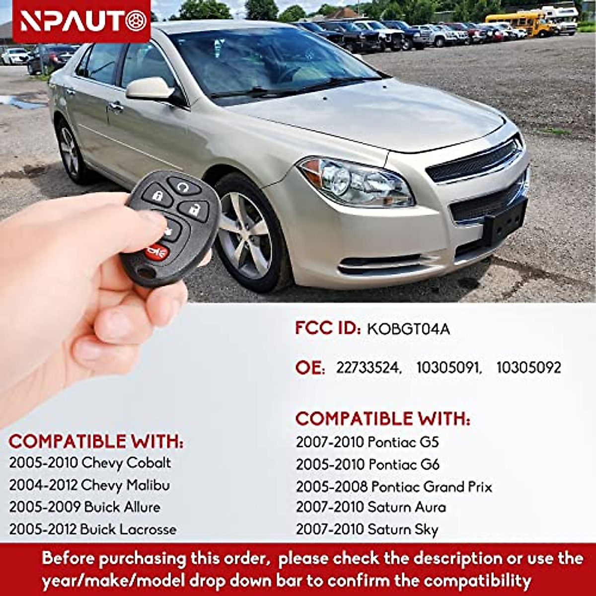 NPAUTO 2Pcs Key Fob Replacement for Chevy Malibu 04-12 Cobalt 05-10, Pontiac G5 G6 Grand Prix, Buick Allure Lacrosse, Saturn Aura Sky Keyless Entry Remote Start Control Key Fobs 22733524, KOBGT04A