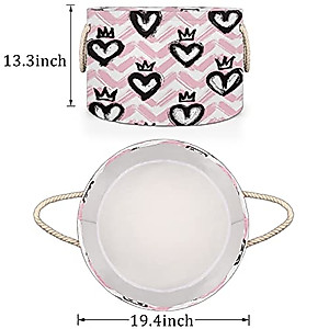 Hearts Crowns Pink Stripe Romantic Large Round Baskets for Storage Laundry Baskets with Handles Blanket Storage Basket for Bathroom Shelves Bins for Organizing Nursery Hamper Girl Boy