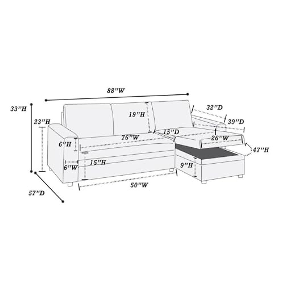 APAINI Convertible Sectional Sofa Ash Black Pull Out Bed Couch Storage Chaise Reversible Living Room Furniture Lounge (Color : E, Size : As Shown)