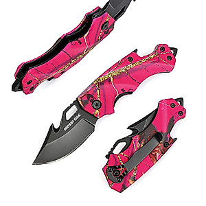 Mossy Oak Mini Folding Pocket Knife, Stainless Steel Drop Point Blade - EDC Multi-tool with Bottle Opener and Glass Breaker (Pink Camo)
