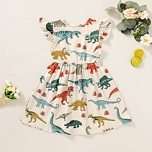 HAPPYMA Toddler Baby Girl Summer Dress Dinosaur Flutter Sleeve Dresses Outfits for Baby Girl Sundress Skirts Clothes (Vintage Dinosaur Dress, 2-3T)