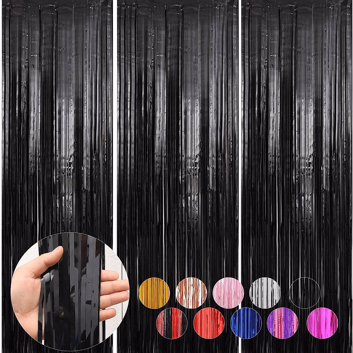 3 Pack Black Foil Fringe Curtains Streamers Party Decorations 3.3 x 8.2 ft, Black Tinsel Curtain Fringe Backdrop for Parties, Door Fringe Birthday Streamers, Photo Booth Backdrops, Party Decor